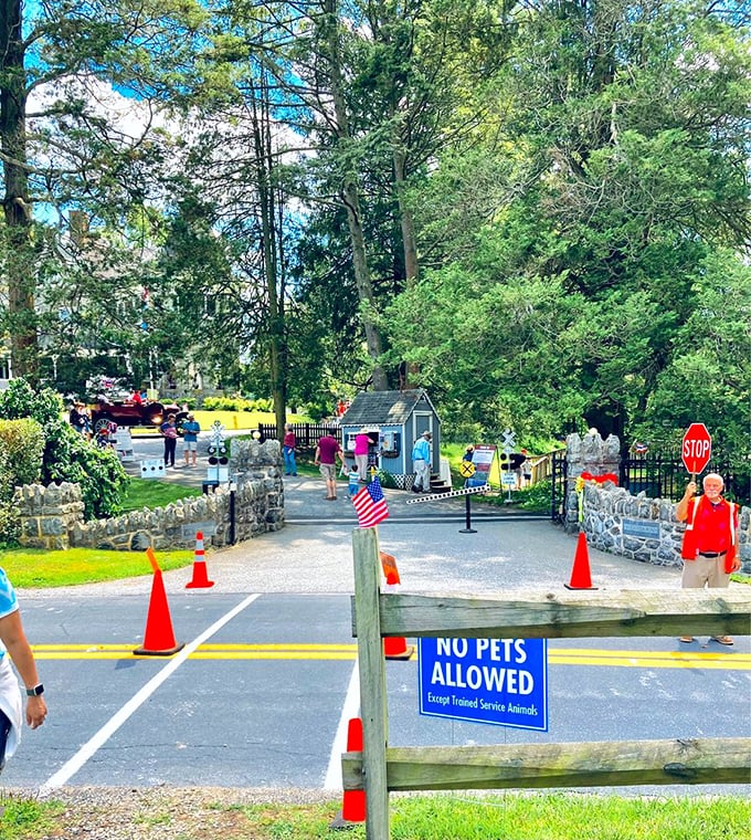 The entrance to Auburn Valley State Park welcomes visitors with stone walls and lush greenery—nature's perfect frame for a day of historical exploration.