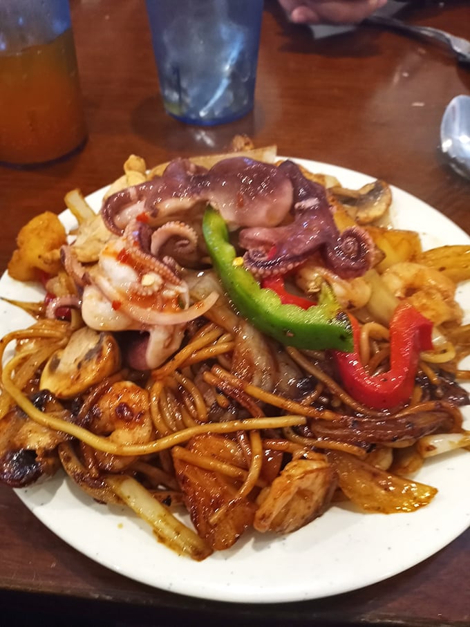 This seafood noodle plate is practically a marine biology lesson you can eat, octopus and all!