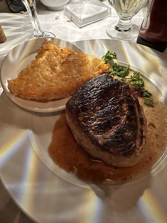 The filet mignon stands proud like Kentucky royalty, with hash browns that have achieved the perfect crisp-to-fluffy ratio. Meat and potatoes elevated to art.