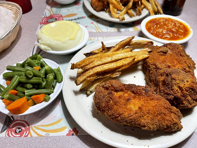 A balanced meal in Barberton means spectacular fried chicken, garden-fresh green beans, and fries that could make a Frenchman jealous.