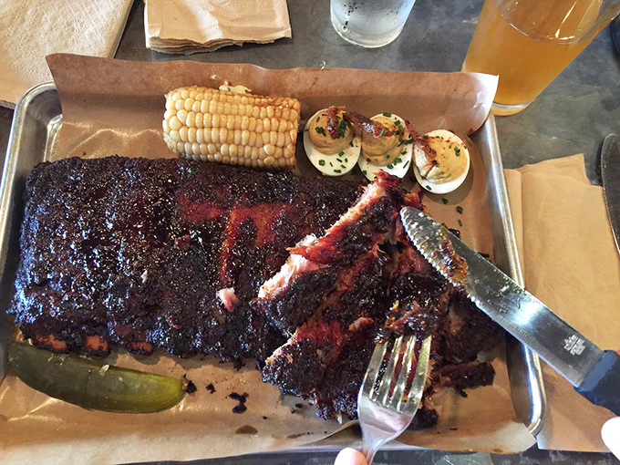 When your corn on the cob and deviled eggs are just supporting actors to the star of the show &ndash; ribs with a bark so perfect, it should win Best Picture.