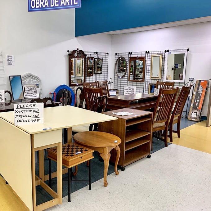 Furniture with character doesn't need to break the bank. This thoughtfully arranged showroom includes dining sets, desks, and accent pieces ready for their next home.