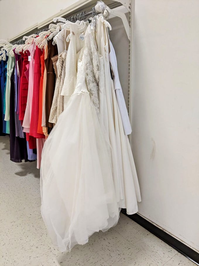 Wedding dresses hang like ghosts of celebrations past&mdash;pristine, beautiful, and priced at a fraction of what someone once paid for their big day.