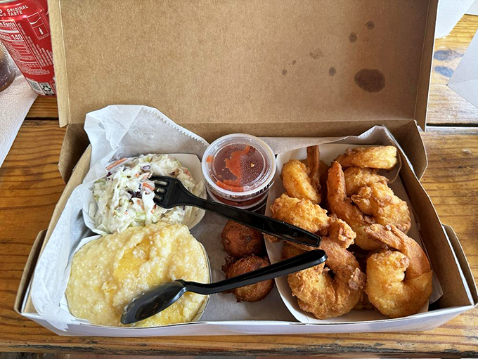 Gulf shrimp so fresh they practically introduce themselves &ndash; served with creamy grits and coleslaw for the ultimate Florida comfort meal.