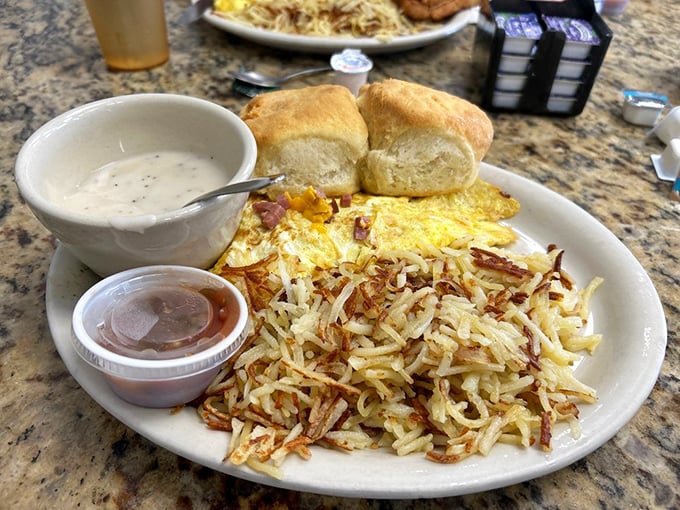 Breakfast perfection on a plate. Those hash browns are the crispy, golden supporting actors that deserve their own Oscar.