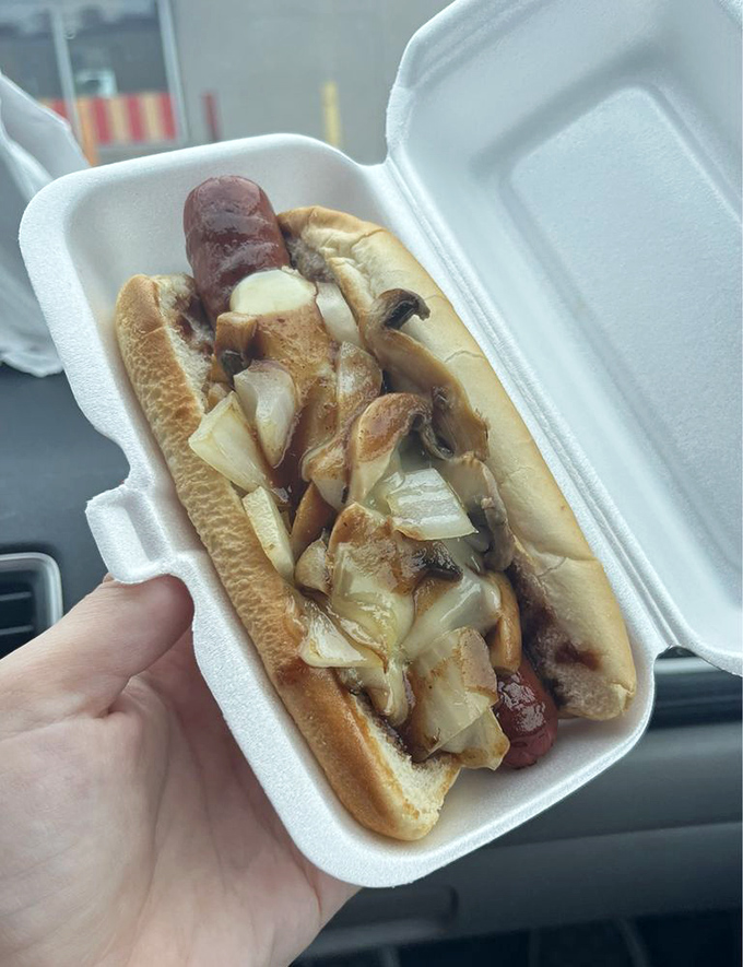 Mushrooms and onions transform this hot dog into Kennett Square's finest ambassador. Fungi have never been this fun.