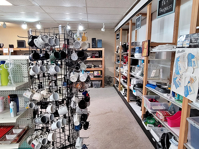 Mugs hanging like curious bystanders, watching shoppers debate whether anyone really needs seventeen coffee cups. (Spoiler: you do.)