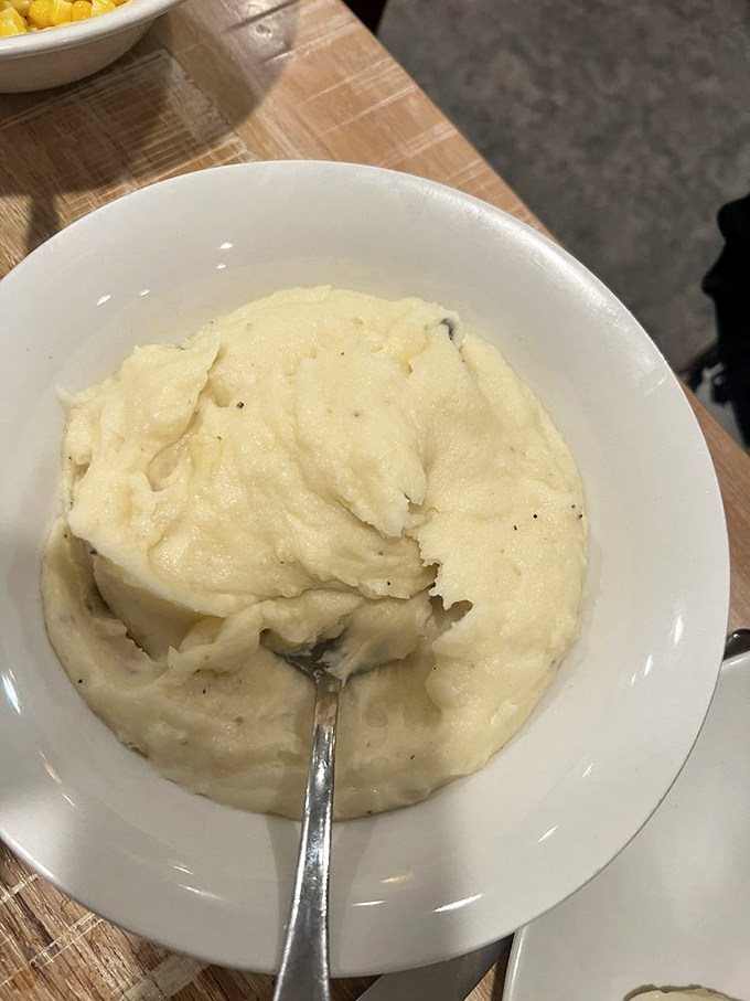 Cloud-like mashed potatoes that could make a grown person weep with joy. Comfort food's ultimate expression, waiting for gravy's warm embrace.