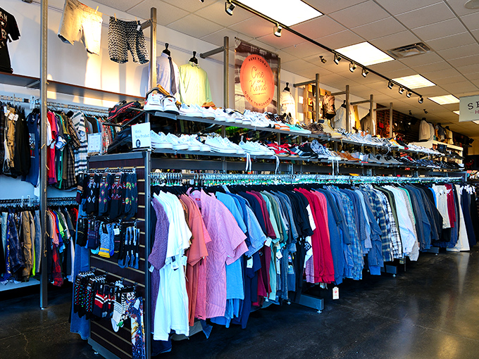 Color-coordinated clothing creates a visual feast for fashion-hungry shoppers. The men's section proves secondhand doesn't mean second-rate style.