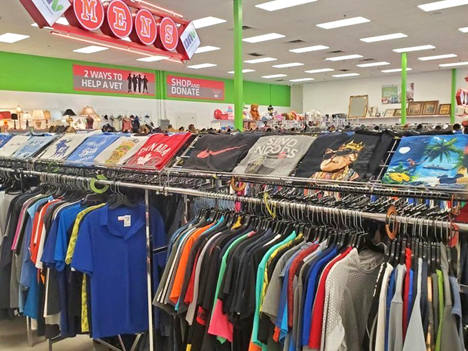Vintage band tees hang alongside everyday basics, proving that in the thrifting universe, yesterday's concert merch is today's fashion statement.