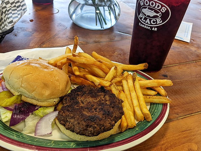 The classic burger &ndash; where beef meets grill in a beautiful relationship, surrounded by crispy golden nuggets of potato perfection.