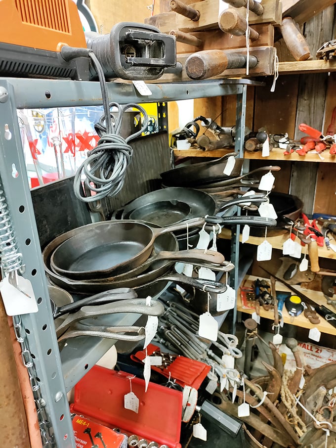 Cast iron cookware that's outlived several presidential administrations hangs ready for a second life. These pans have stories simmering beneath their seasoned surfaces.