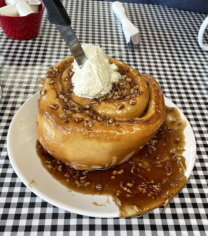 Not all heroes wear capes—some come in spiral form with pecans and a dollop of whipped cream. This cinnamon roll means business.