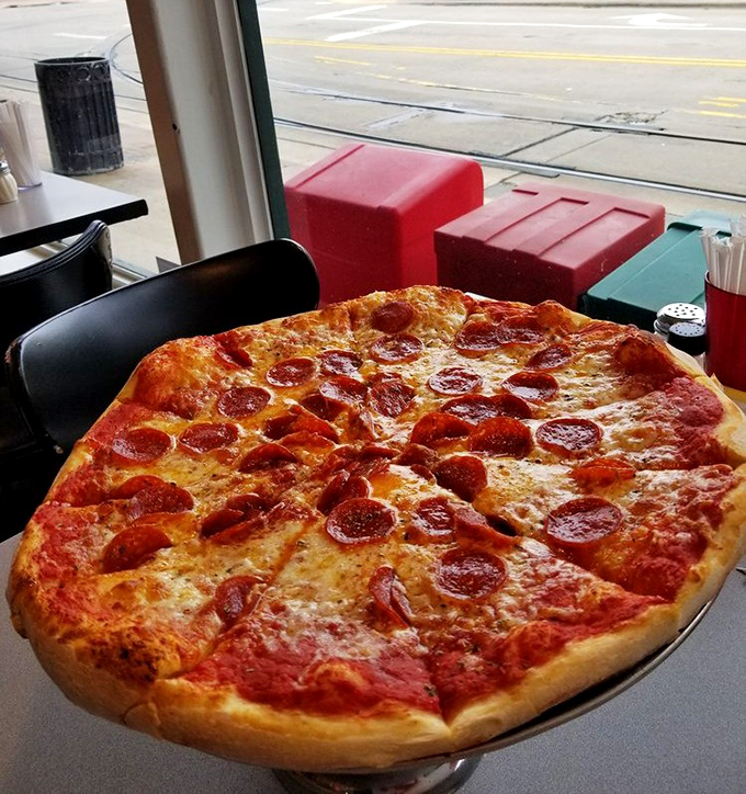 Pepperoni pizza perfection that would make even New Yorkers nod in reluctant approval. That golden-brown crust is the supporting actor that steals the show.