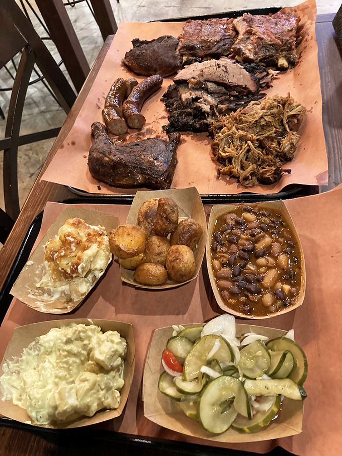 The Philthy Feast isn't just a meal&mdash;it's a commitment. Brisket, chicken, sausage, and sides create a spread that demands both respect and elastic waistbands.