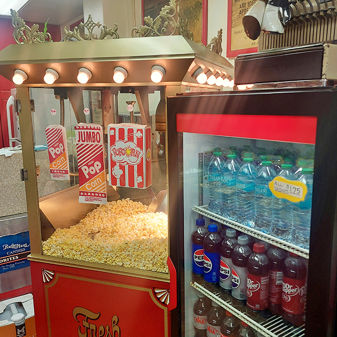 The popcorn machine stands sentinel, a carnival of flavor ready to accompany those vintage sodas that somehow taste better from glass bottles.