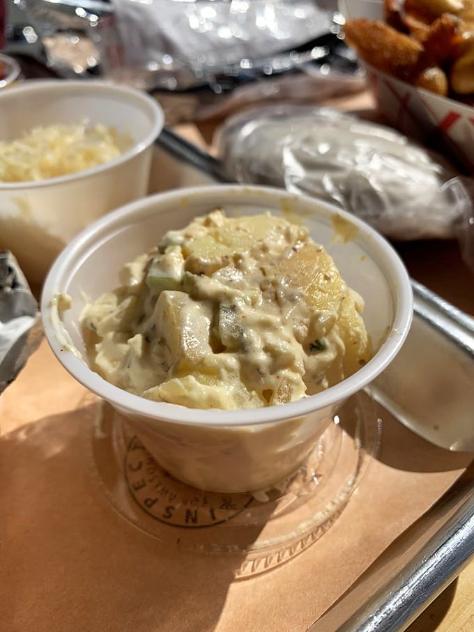 Potato salad that would make your German grandmother weep with joy. Creamy, tangy perfection hiding in a humble paper cup.