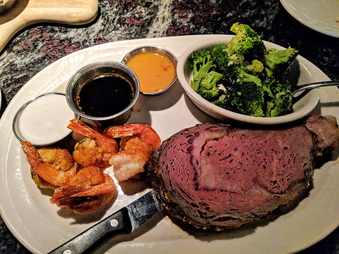 The perfect compromise for the indecisive diner: succulent prime rib and garlicky shrimp with fresh broccoli playing the role of responsible adult.