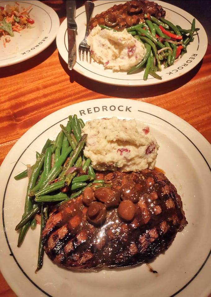 Steak and mushroom sauce&mdash;a romance more passionate than any Hollywood movie. Those mashed potatoes are the supportive friend who's happy for the couple.