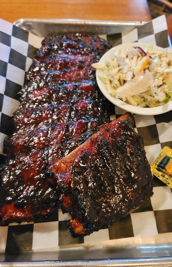 Ribs so perfectly lacquered they reflect your smile back at you, with coleslaw standing by for that perfect bite balance.