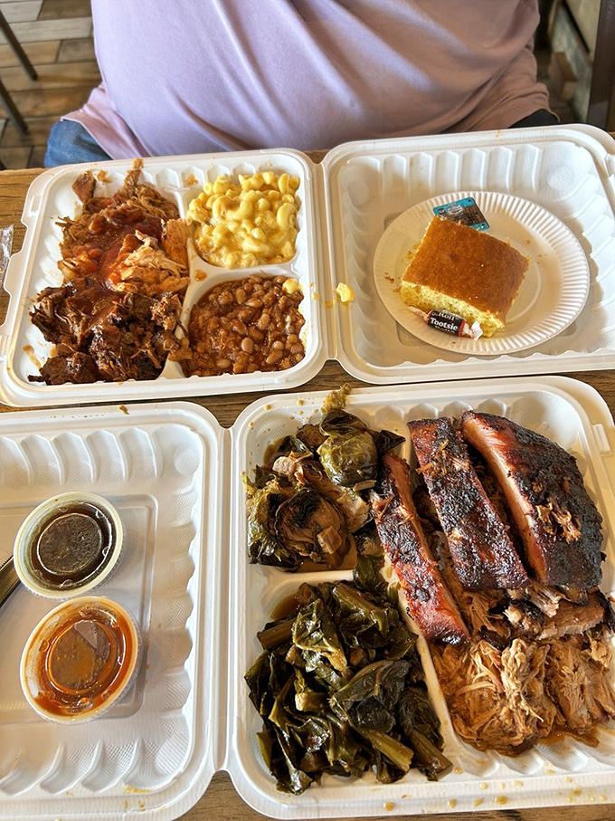 Behold the barbecue sampler that's caused more happy food comas than Thanksgiving dinner. The collard greens alone deserve their own fan club.