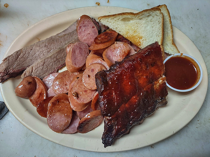 More meat than plate, exactly as it should be. That brisket looks so tender it would fall apart if you whispered "barbecue" in its general direction.