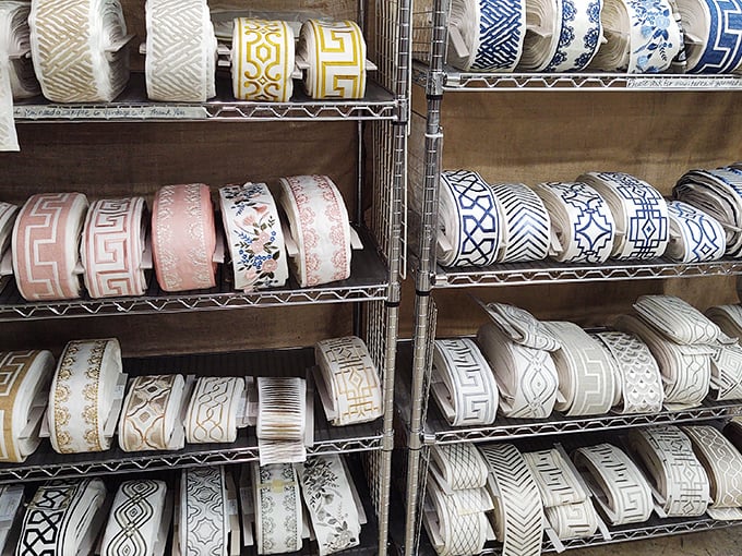 Geometric dreams in ribbon form. These meticulously organized trims are like jewelry for your home textiles.