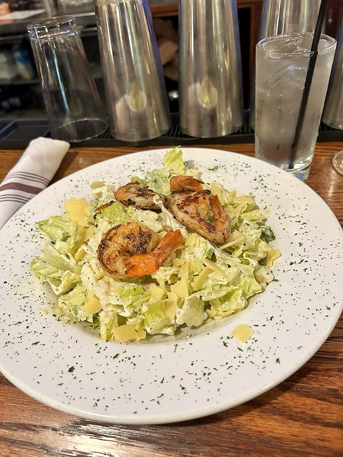 A Caesar salad that proves vegetables can be more than just an obligation. Those grilled shrimp aren't just a topping&mdash;they're co-stars in this leafy production. 