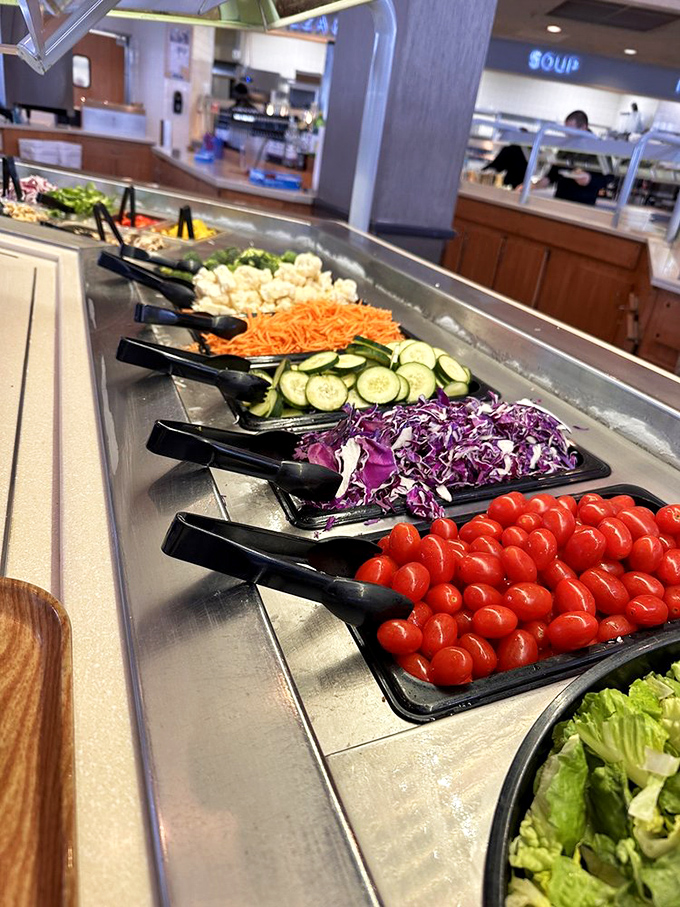 The salad bar lineup&mdash;where cherry tomatoes, purple cabbage, and cucumber slices stand at attention like colorful soldiers in the battle against boring lunches.