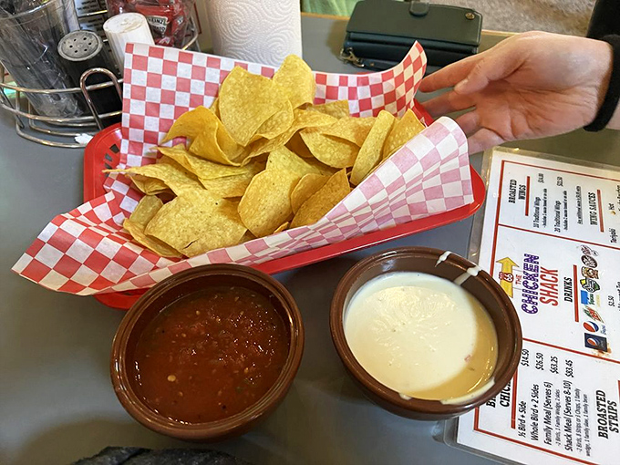 House-made chips arrive with warm salsa and creamy queso&mdash;the holy trinity of appetizers that makes waiting for your chicken almost bearable.