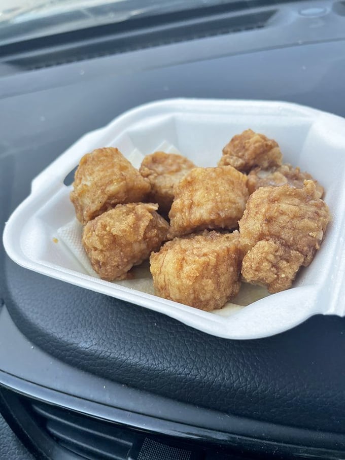 These golden nuggets of fried scallop goodness are like ocean candy. Car dashboard dining never looked so tempting!