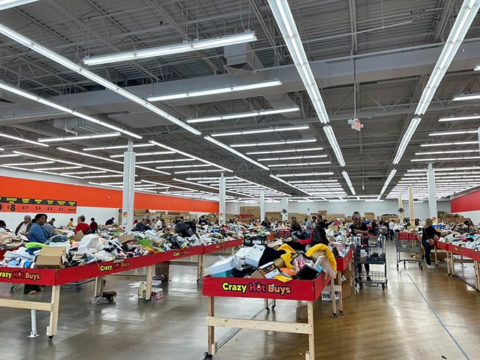 The modern-day gold rush happens here, with shoppers panning through merchandise rivers in search of that perfect nugget of value.