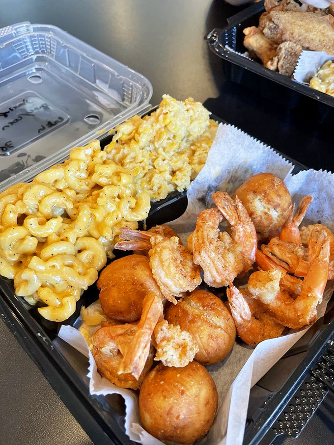 Shrimp and hush puppies: the dynamic duo of Southern comfort. That mac and cheese is making yet another show-stealing appearance.