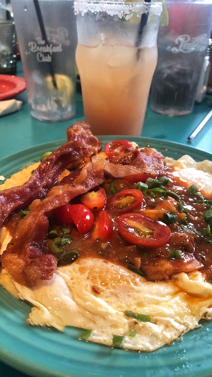 That moment when breakfast transcends into art&mdash;notice how the bacon stands at attention, as if saluting the shrimp's arrival.
