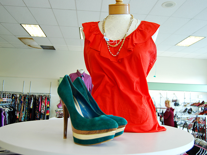 Fashion finds that prove style doesn't require a second mortgage. This red blouse and teal heels combo would cost a fortune new.