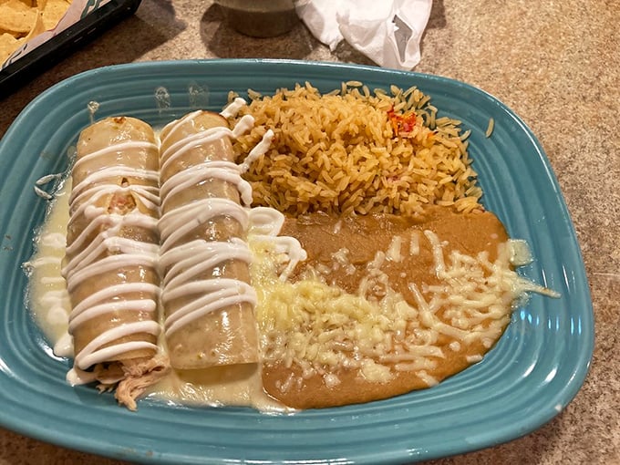 Sour cream enchiladas that make you question why you ever bothered with any other food. The drizzle pattern alone deserves its own Instagram account.