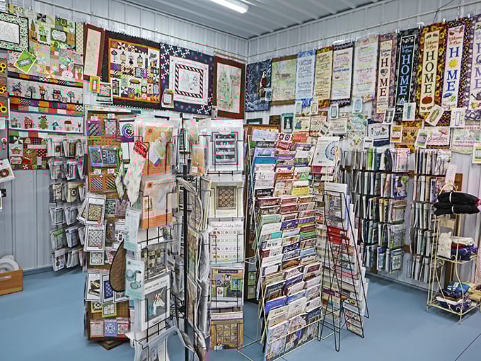 Pattern paradise! Like a well-organized cookbook for the eyes, these displays offer recipes for creating everything from simple placemats to heirloom quilts.