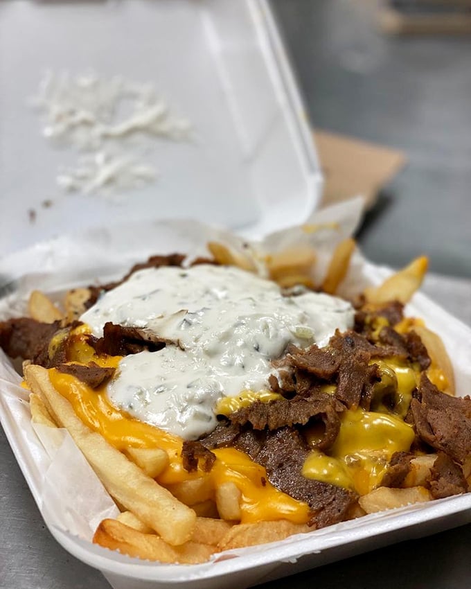 Steak fries that look like they've won the lottery with that jackpot of cheese sauce, meat, and what appears to be ranch. Cardiologists hate this one simple trick!