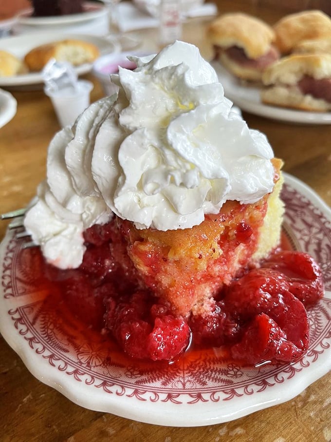 Strawberry shortcake that doesn't so much ask as command you to save room for dessert—whipped cream mountain included.