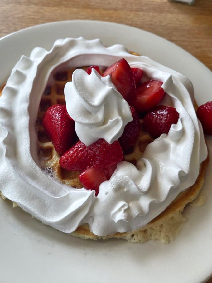 Cloud-like whipped cream and fresh strawberries transform a humble waffle into something that could pass for dessert. Breakfast's sneaky loophole! 
