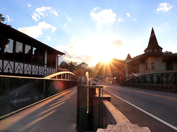Sunset casts a golden glow across Helen's Bavarian-inspired architecture and bridge. Magic hour here gives new meaning to "Southern comfort."