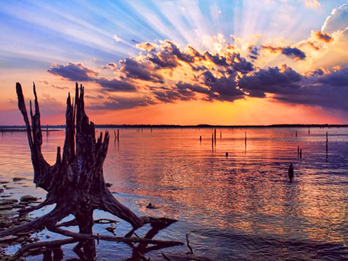 Nature's light show at Lake of the Arbuckles turns the water into liquid gold, proving Oklahoma sunsets rival any beach vacation you've been saving for.