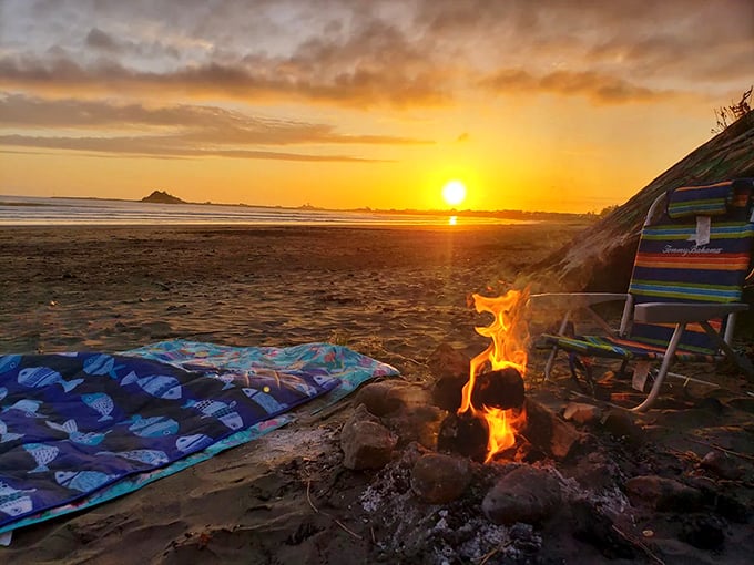 Beach bonfires at sunset transform Gold Bluffs Beach into nature's perfect living room, complete with million-dollar ocean views.