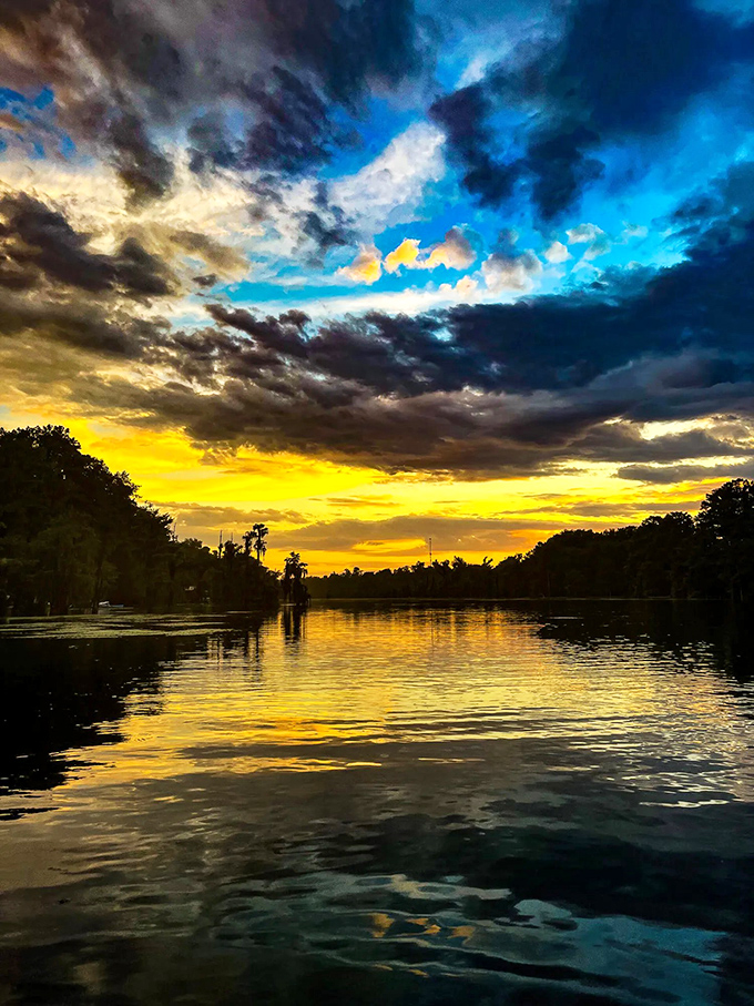 Nature's light show reflects off the Chipola River at sunset, creating the kind of moment that makes smartphone cameras feel woefully inadequate.