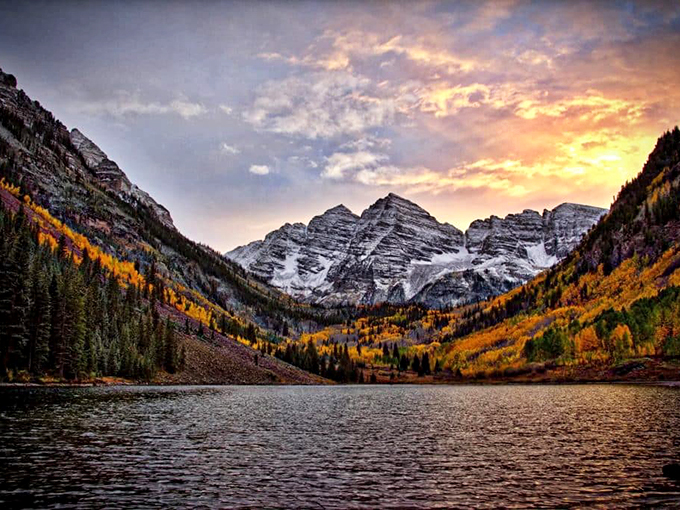 Maroon Bells at sunset &ndash; where Colorado shows off with colors that would make a Renaissance painter weep with inadequacy.