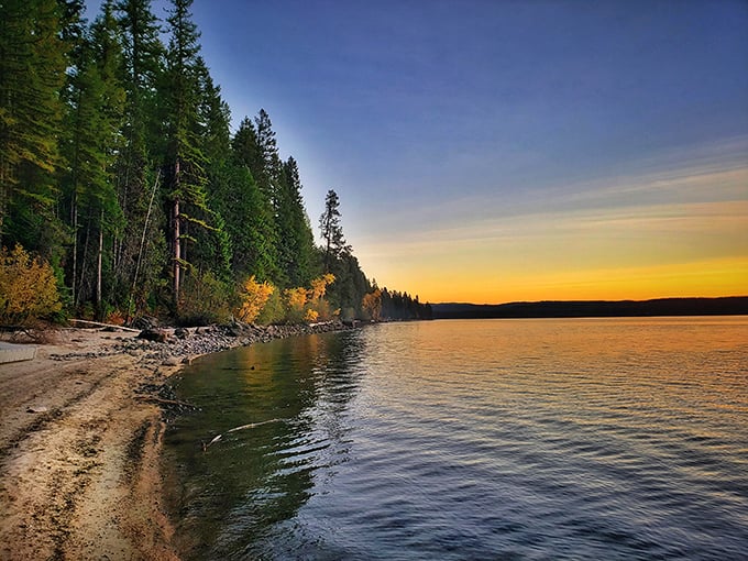 Sunset at Payette Lake paints the water in amber hues while pines stand sentinel. Nature's version of mood lighting doesn't require an electrician.