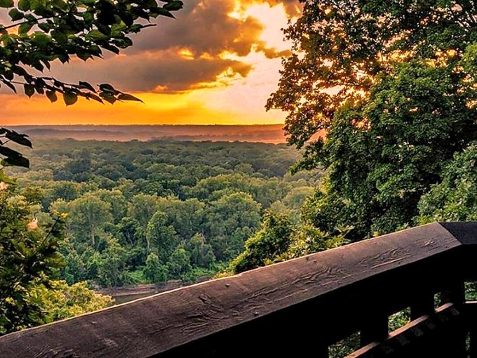 Sunset from Weston's overlook is nature's happy hour. The Missouri River valley glows amber as daylight makes its graceful exit.