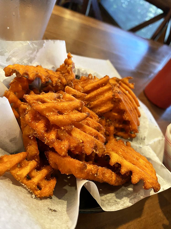 Sweet potato waffle fries&mdash;the crispy, honeycomb-patterned side that makes regular fries look like they're not even trying.