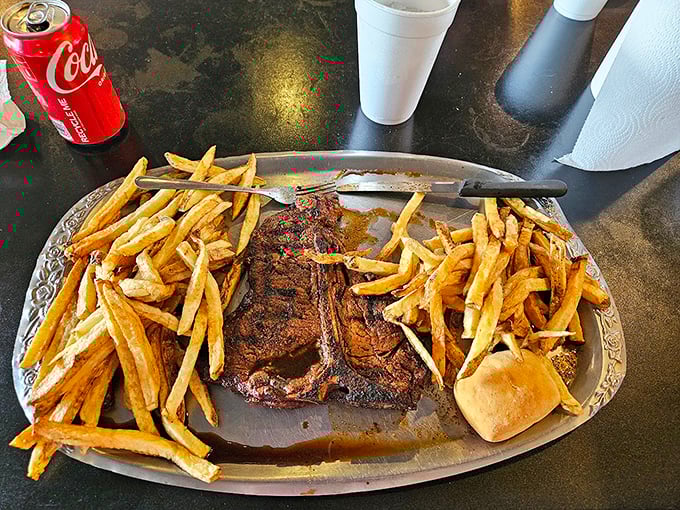 T-Bone steak and fries: The T-Bone that launched a thousand road trips. Notice those hand-cut fries&mdash;crispy vehicles designed specifically for sopping up precious steak juices.