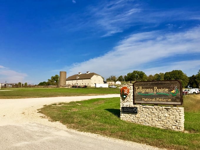 The entrance to Tallgrass Prairie National Preserve, where 11,000 acres of America's vanishing prairie ecosystem awaits exploration.
